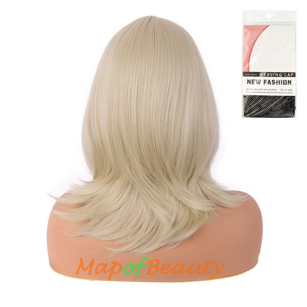 Medium Length Layered Wigs With Bangs Straight Synthetic Fiber Shoulde ...